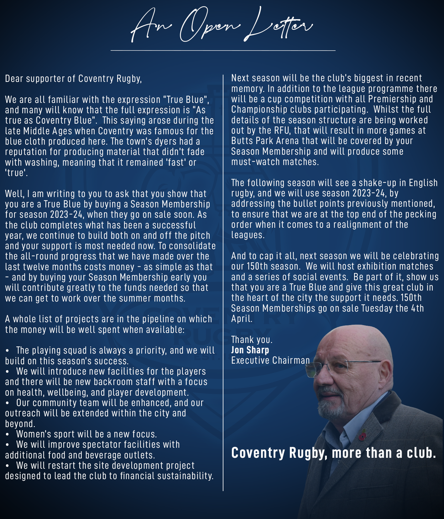 An Open Letter from Executive Chairman, Jon Sharp - Coventry Rugby